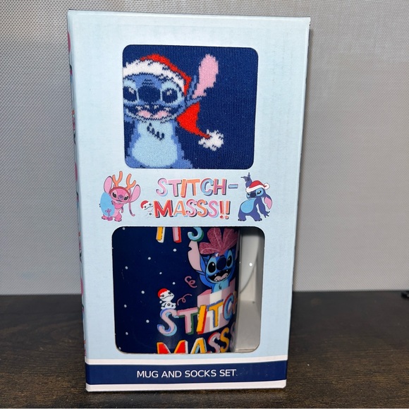 Disney | Dining | Disney Stitch Angel Christmas Ceramic Mug Socks Gift ...